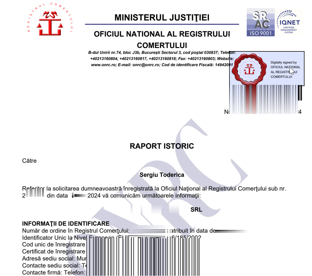 Certificat Constatator Cu Istoric 📝Raport Istoric ONRC - Raport RECOM